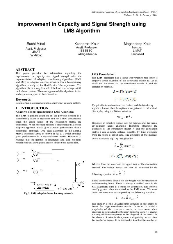 (PDF) Improvement in Capacity and Signal Strength using LMS Algorithm