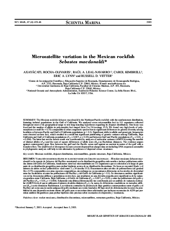 (PDF) Microsatellite variation in the Mexican rockfish Sebastes macdonaldi