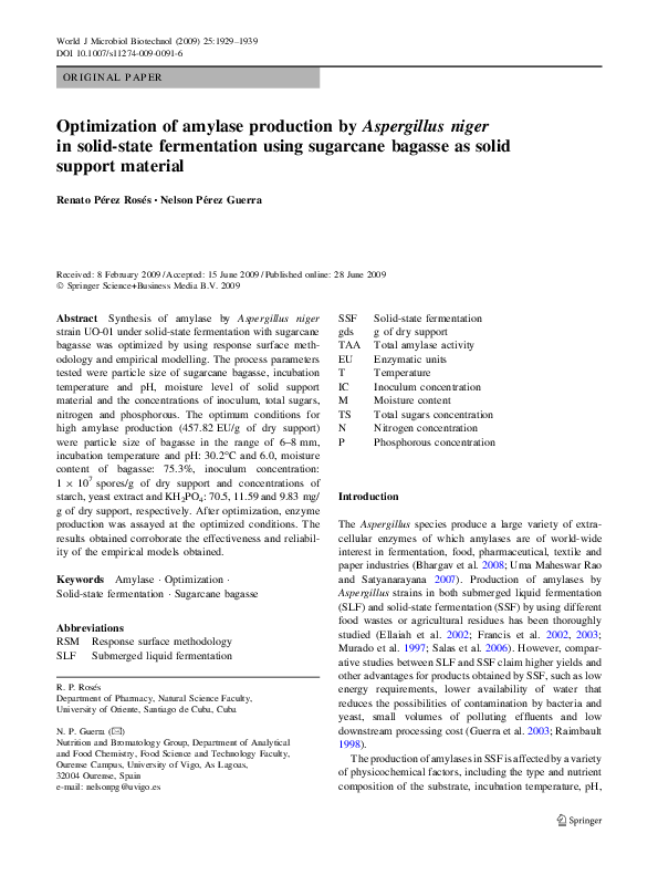 (PDF) Optimization of amylase production by Aspergillus niger in solid-state fermentation using ...