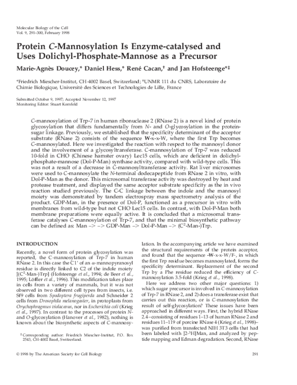 (PDF) Protein C-Mannosylation Is Enzyme-catalysed and Uses Dolichyl ...