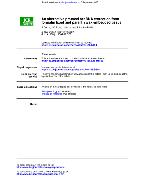 Pdf An Alternative Protocol For Dna Extraction From Formalin Fixed And Paraffin Wax Embedded