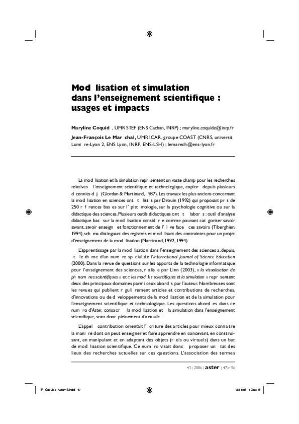 (PDF) Modélisation et simulation dans l’enseignement scientifique : usages et impacts