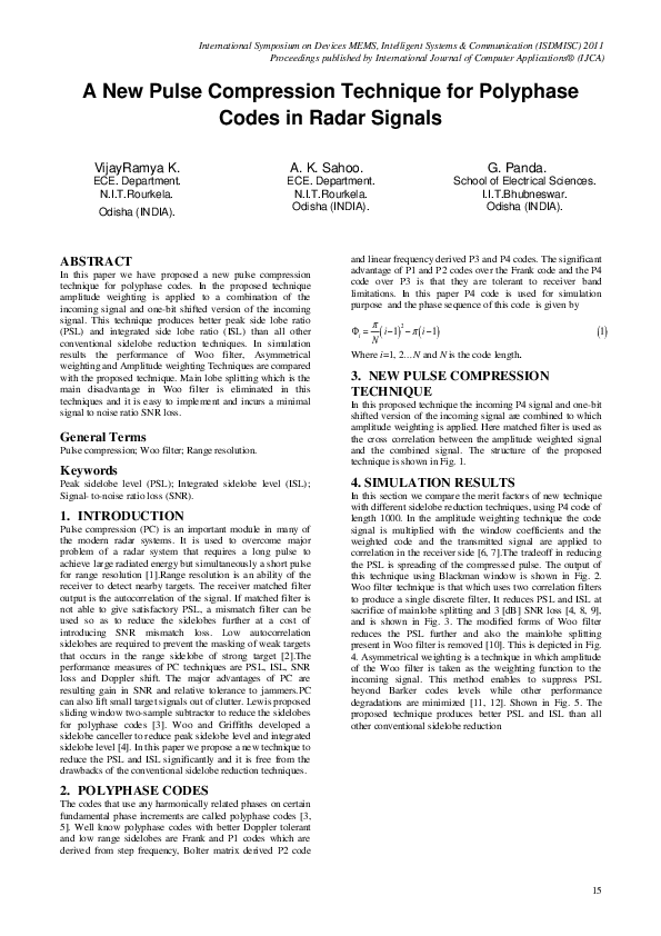 Pdf A New Pulse Compression Technique For Polyphase Codes In Radar Signals