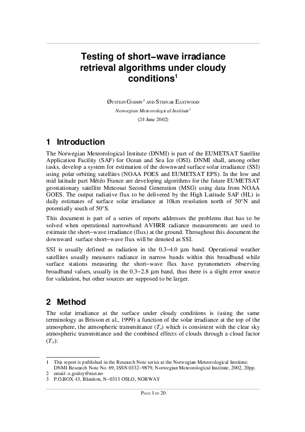 Pdf Testing Of Short Wave Irradiance Retrieval Algorithms Under Cloudy Conditions1
