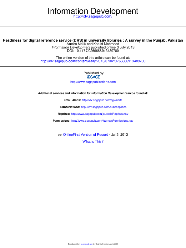 (PDF) Readiness for digital reference service (DRS) in university libraries: A survey in the ...