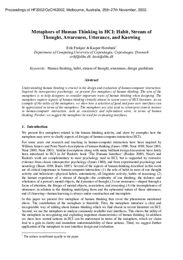 (PDF) Metaphors of Human Thinking in HCI: Habit, Stream of Thought ...