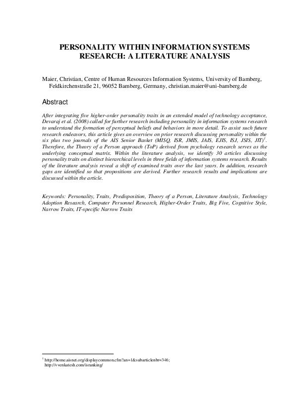 (PDF) PERSONALITY WITHIN INFORMATION SYSTEMS RESEARCH: A LITERATURE ...