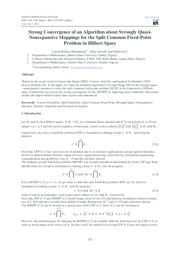 Pdf Strong Convergence Of An Algorithm About Strongly Quasi Nonexpansive Mappings For The