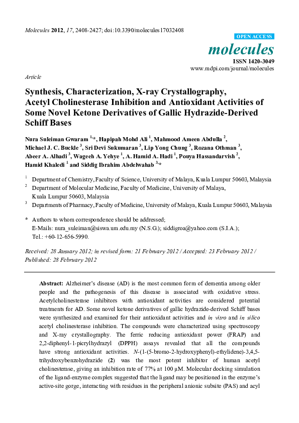 (PDF) Synthesis, Characterization, X-ray Crystallography, Acetyl Cholinesterase Inhibition and ...