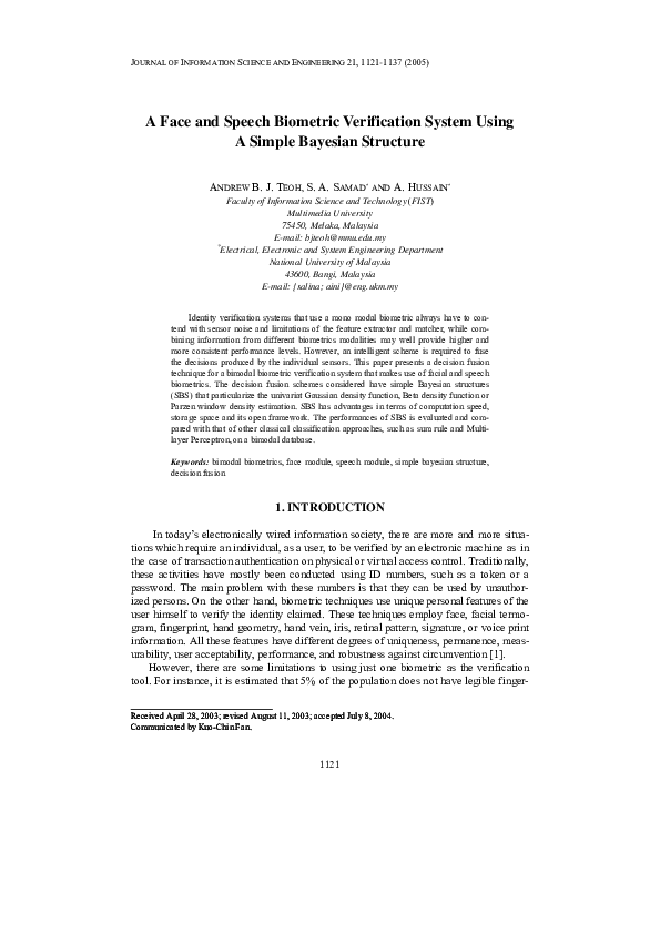 Pdf A Face And Speech Biometric Verification System Using A Simple Bayesian Structure