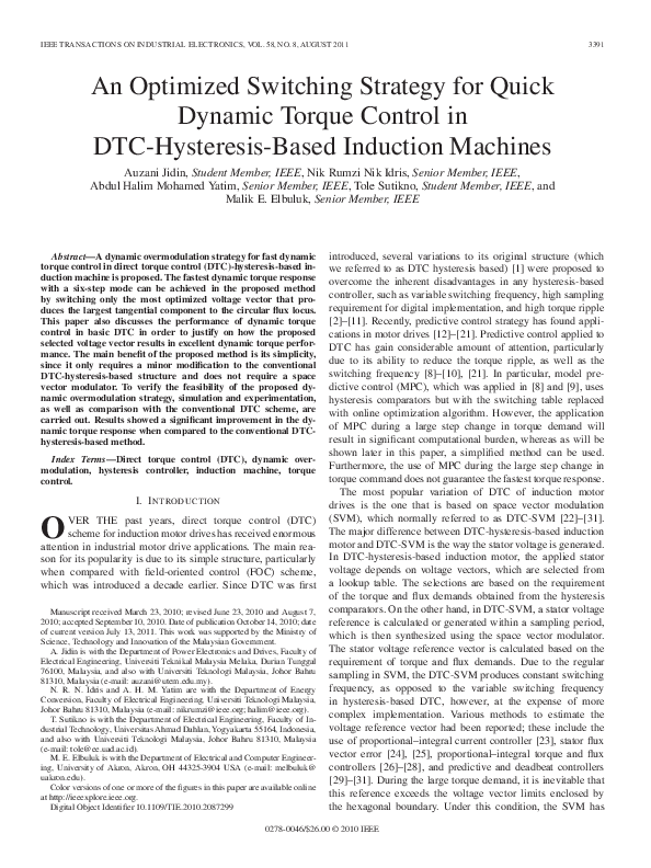 Pdf An Optimized Switching Strategy For Quick Dynamic Torque Control In Dtc Hysteresis Based