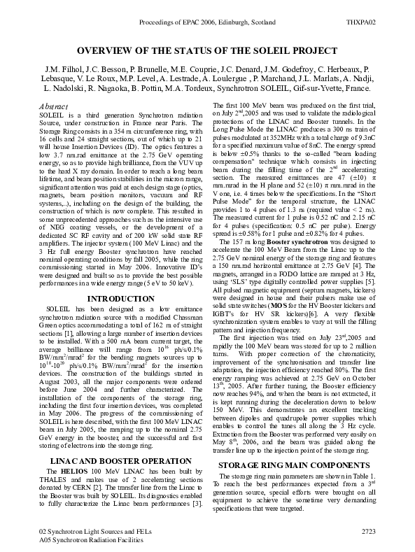 (PDF) OVERVIEW OF THE STATUS OF THE SOLEIL PROJECT