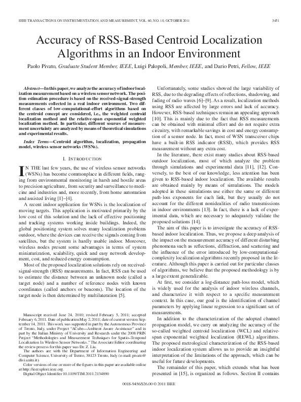 Pdf Accuracy Of Rss Based Centroid Localization Algorithms In An