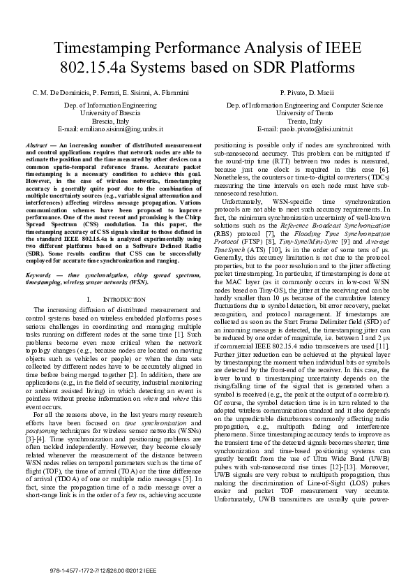 (PDF) Timestamping Performance Analysis of IEEE 802.15.4a Systems Based on SDR Platforms