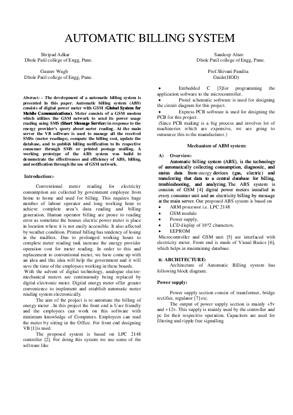 (DOC) Automatic Billing System by using LPC 2148 and GSM Interfacing