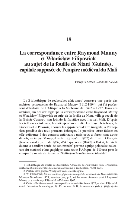 La correspondance entre Raymond Mauny et Wladislaw Filipowiak au sujet ...