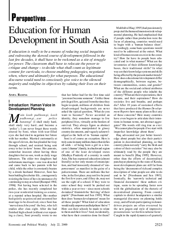 Pdf Education For Human Development In South Asia