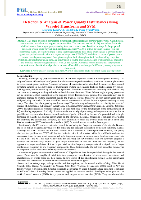 Pdf Detection And Analysis Of Power Quality Disturbances Using Wavelet Transforms And Svm