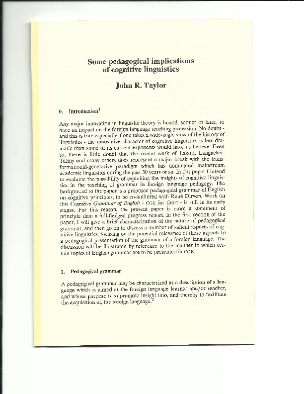 (PDF) Taylor (1993) Some pedagogical implications of cognitive linguistics (PDF) Taylor (1993) Some pedagogical implications of cognitive linguistics