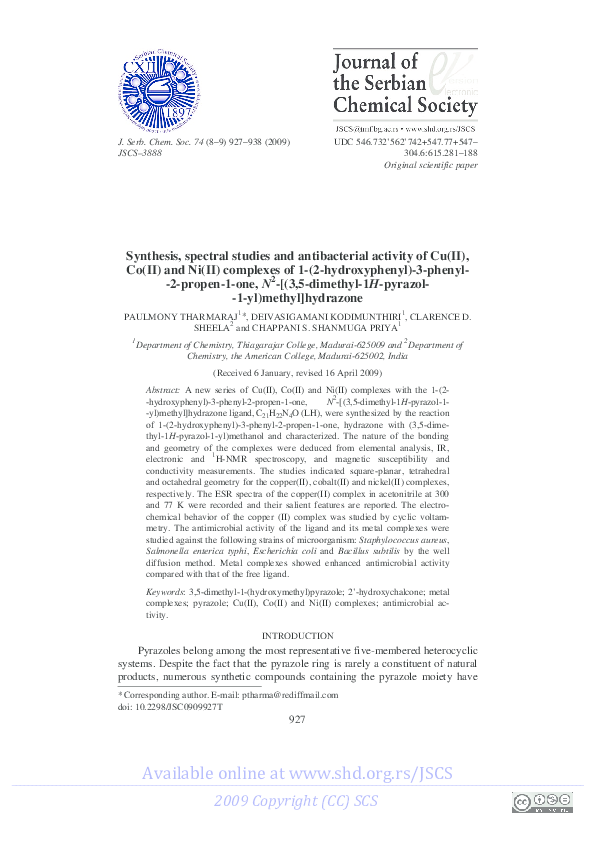 (PDF) Synthesis, spectral studies and antibacterial activity of Cu(II), Co(II) and Ni(II ...