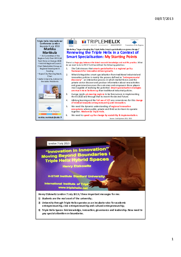 (PDF) Renewing the Triple Helix in a Context of Smart Specialisation