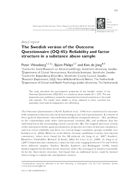 (PDF) The Swedish version of the Outcome Questionnaire (OQ-45 ...