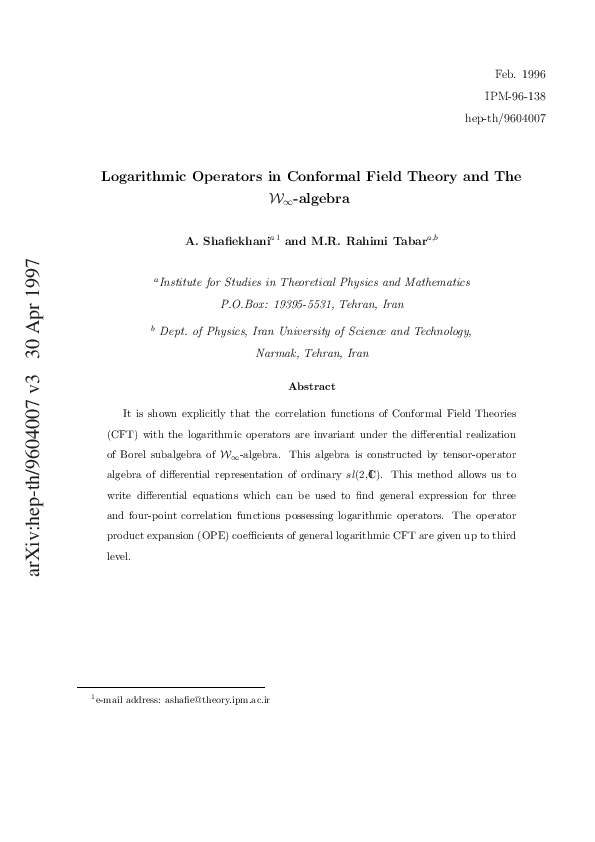 Pdf Logarithmic Operators In Conformal Field Theory And The W