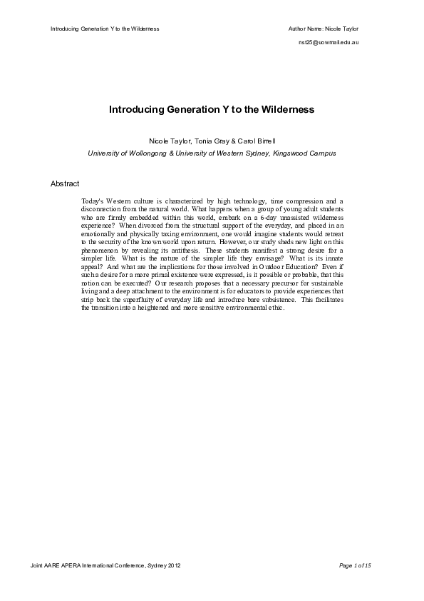 (PDF) Introducing Generation Y to the Wilderness Nicole Taylor, Tonia ...