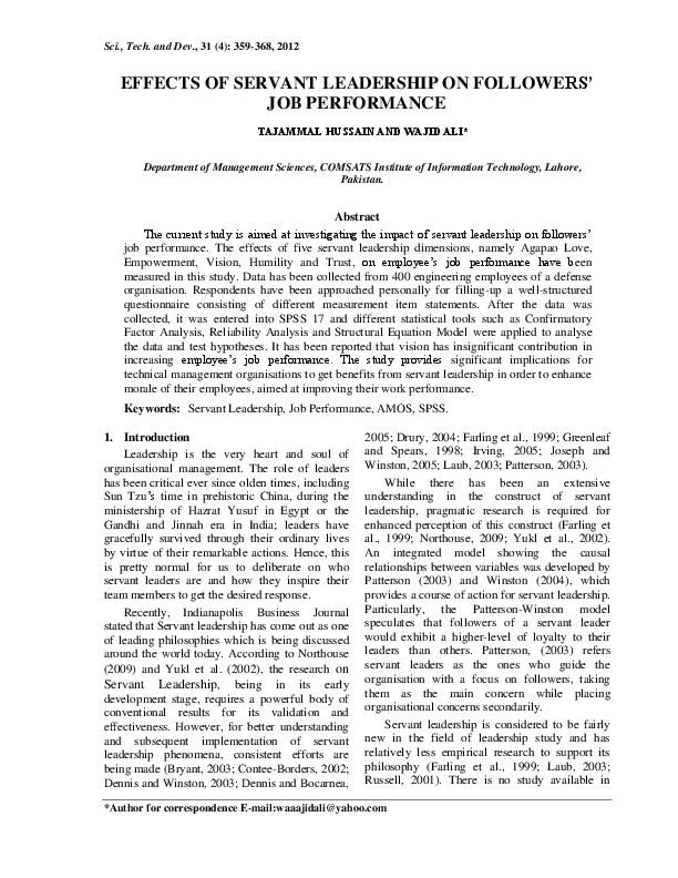 (PDF) Effects of servant leadership on followers job performance
