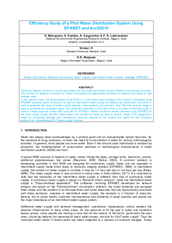 (PDF) efficiency study of a pilot water distribution system using epanet and arcgis10