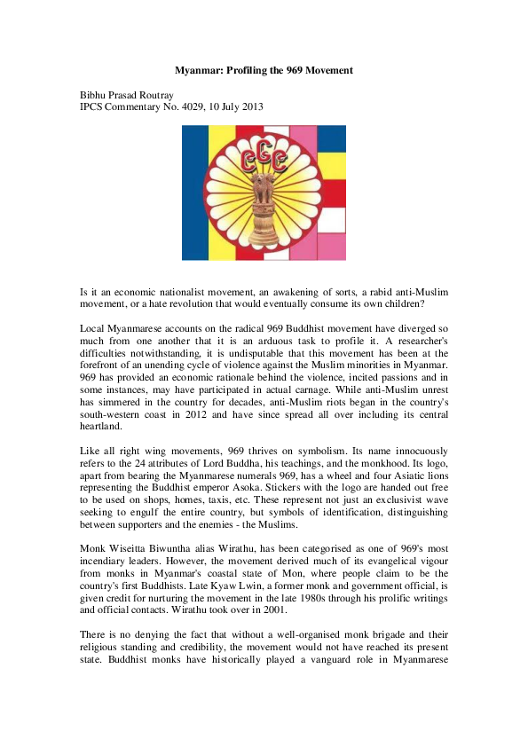 (PDF) Myanmar: Profiling the 969 Movement