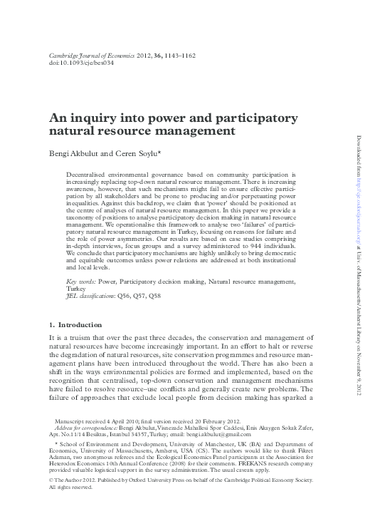 (PDF) An inquiry into power and participatory natural resource management