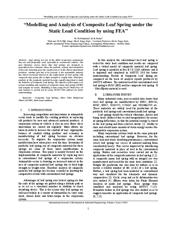 Pdf Modelling And Analysis Of Composite Leaf Spring Under The Static Load Condition By Using