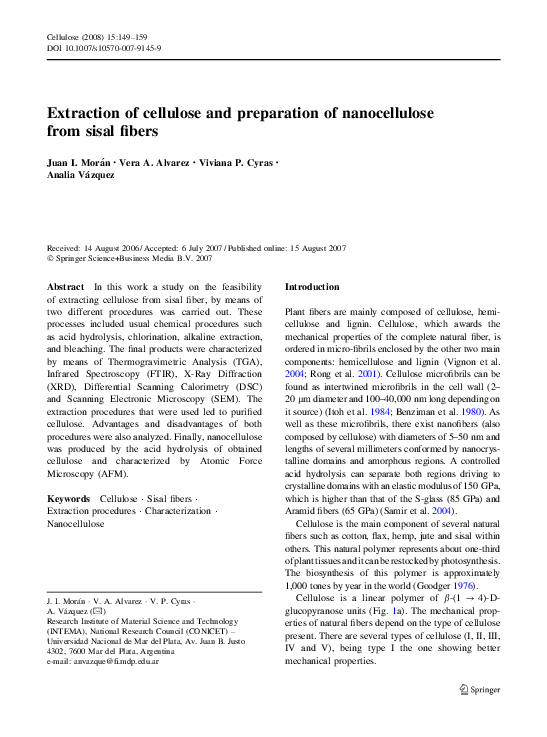 Extraction of cellulose and preparation of nanocellulose from sisal fibers