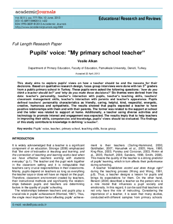 Pdf Pupils Voice My Primary School Teacher