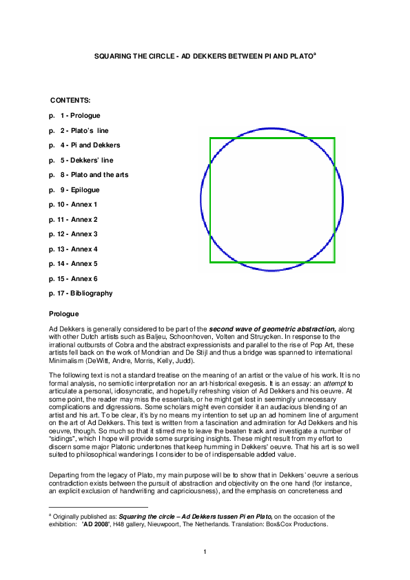(PDF) SQUARING THE CIRCLE - AD DEKKERS BETWEEN PI AND PLATO