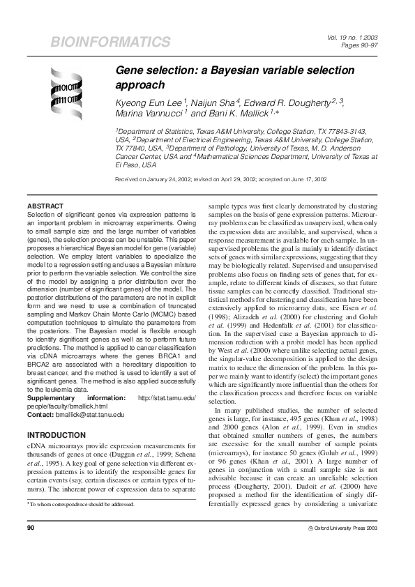 Pdf Gene Selection A Bayesian Variable Selection Approach