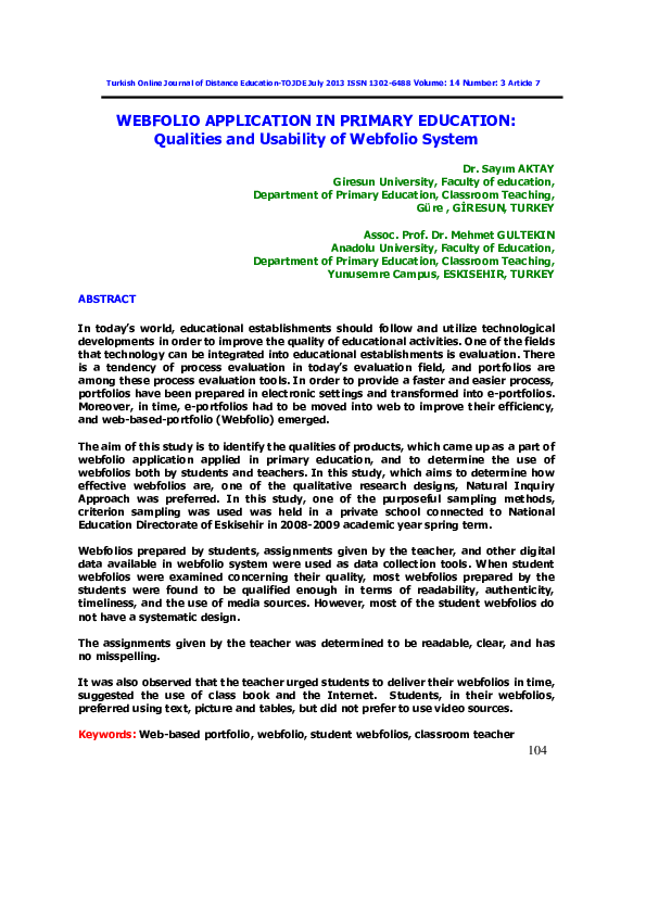 (PDF) WEBFOLIO APPLICATION IN PRIMARY EDUCATION: Qualities and ...