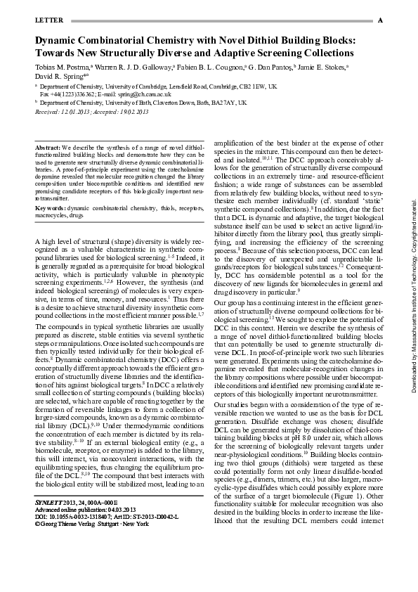 (PDF) Dynamic Combinatorial Chemistry with Novel Dithiol Building Blocks: Towards New ...