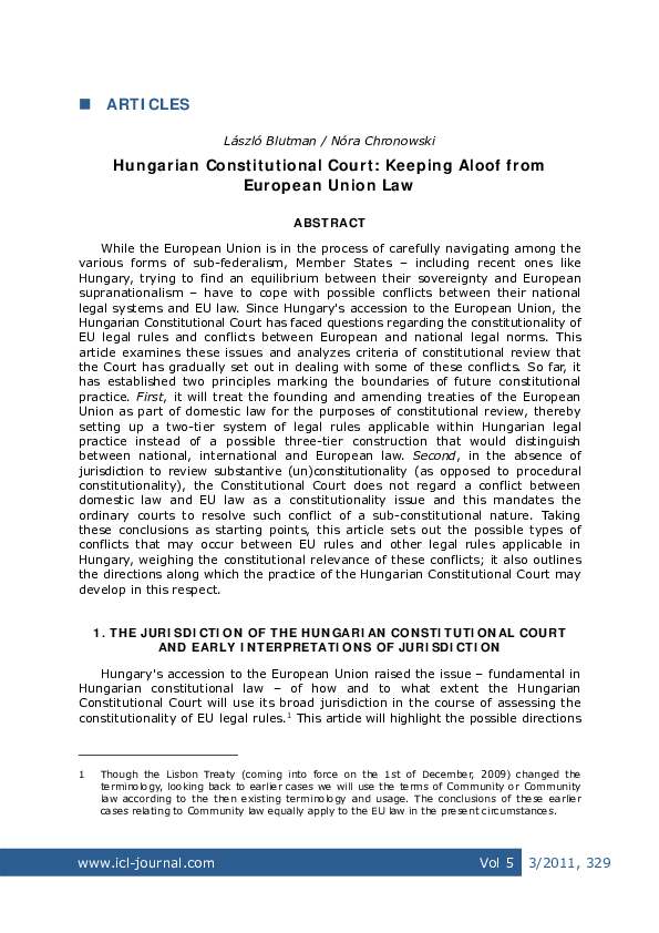 Hungarian Constitutional Court: Keeping Aloof from European Union Law ...