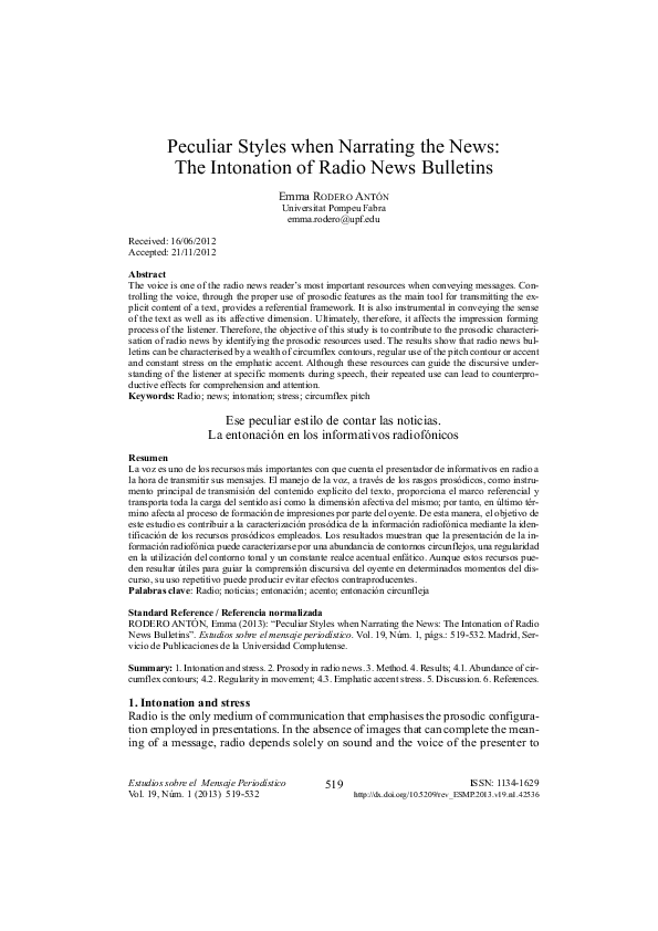 (PDF) Peculiar styles when narrating the news: The intonation of radio ...
