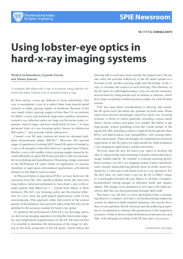 Pdf Using Lobster Eye Optics In Hard X Ray Imaging Systems