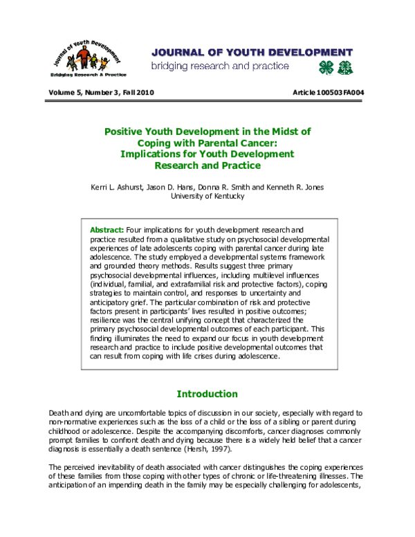 Positive youth development in the midst of coping with parental cancer ...