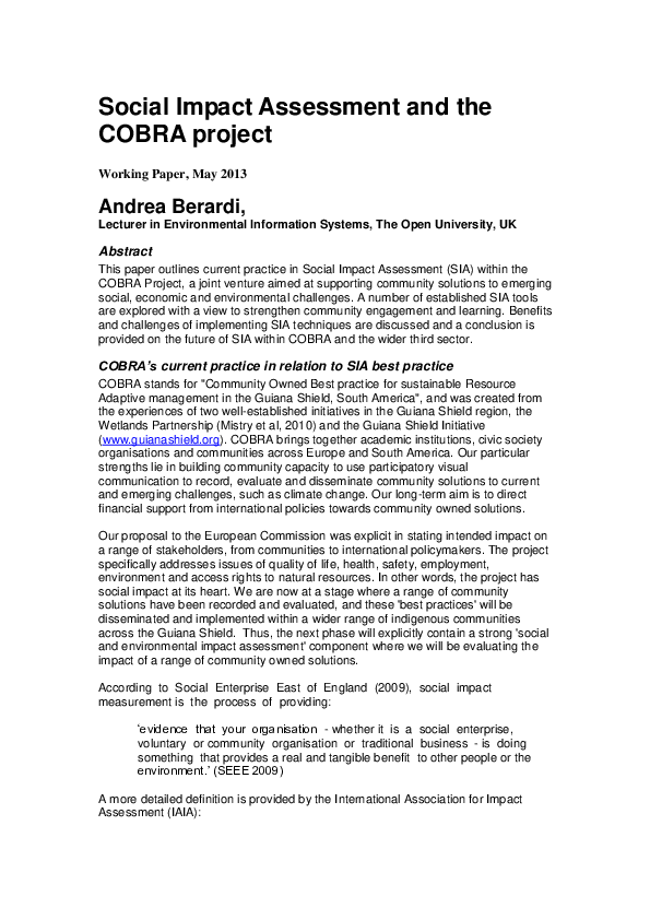 (PDF) Social Impact Assessment and the COBRA project