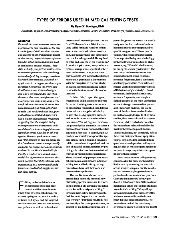 (PDF) Types of Errors Used in Medical Editing Tests