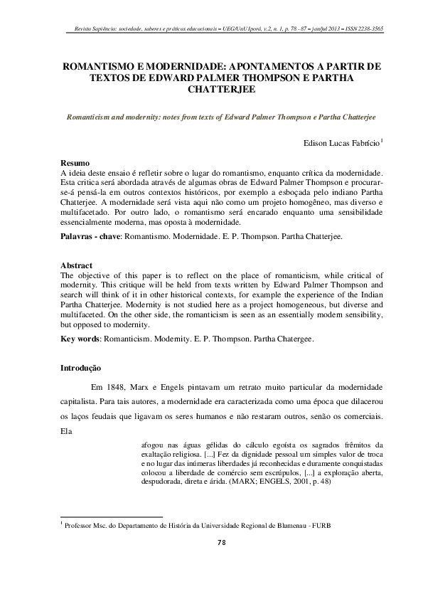 (PDF) ROMANTISMO E MODERNIDADE: APONTAMENTOS A PARTIR DE TEXTOS DE EDWARD PALMER THOMPSON E ...