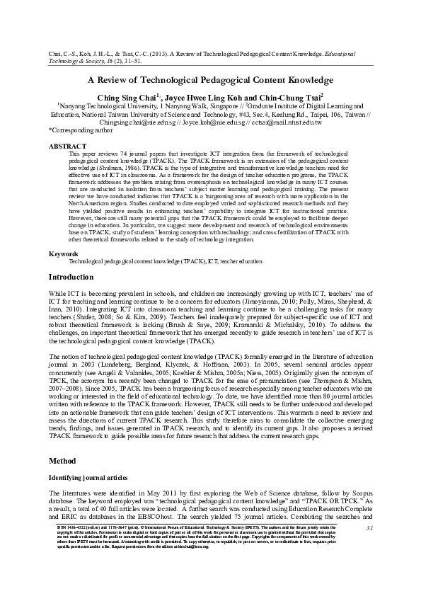 (PDF) (Ching Sing Chai)A Review of Technological Pedagogical Content ...