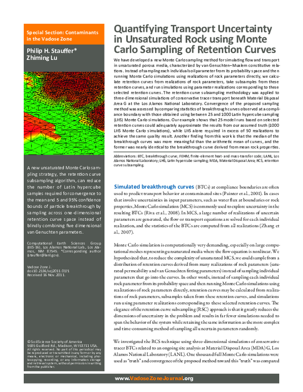 (PDF) Quantifying transport uncertainty in unsaturated rock using Monte Carlo sampling of ...