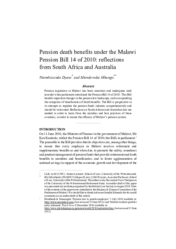 (PDF) Pension death benefits under the Malawi the Pension Bill 2010