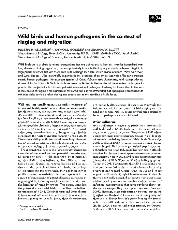 (PDF) Wild birds and human pathogens in the context of ringing and ...